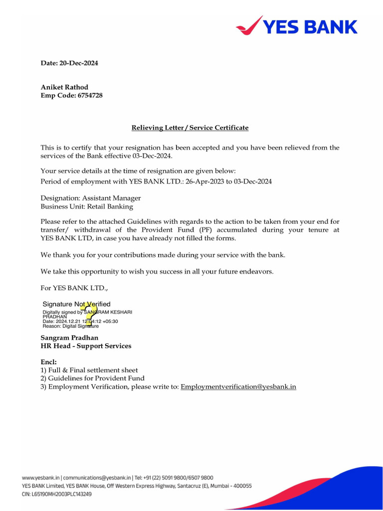 YES BANK Relieving Letter - 6754728 | PDF