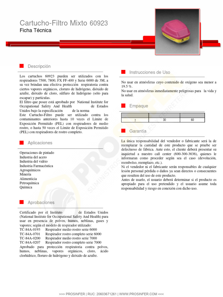 Ficha Técnica Filtro 3M 60923 | PDF | Cloro | Ácido