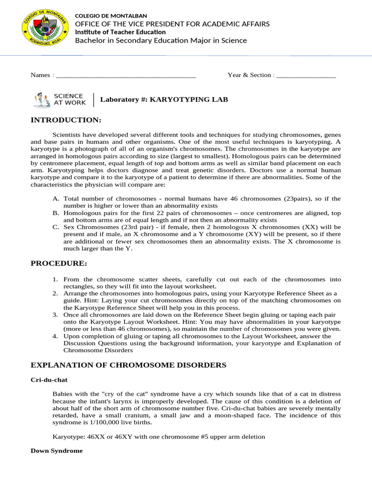 Laboratory Sheet - Karyotyping | PDF | Karyotype | Genetics
