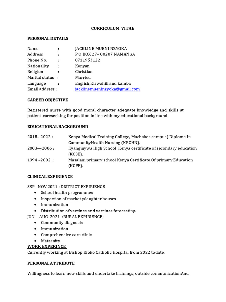 Jackline Nzyoka's Nursing CV | PDF | Kenya | Medicine