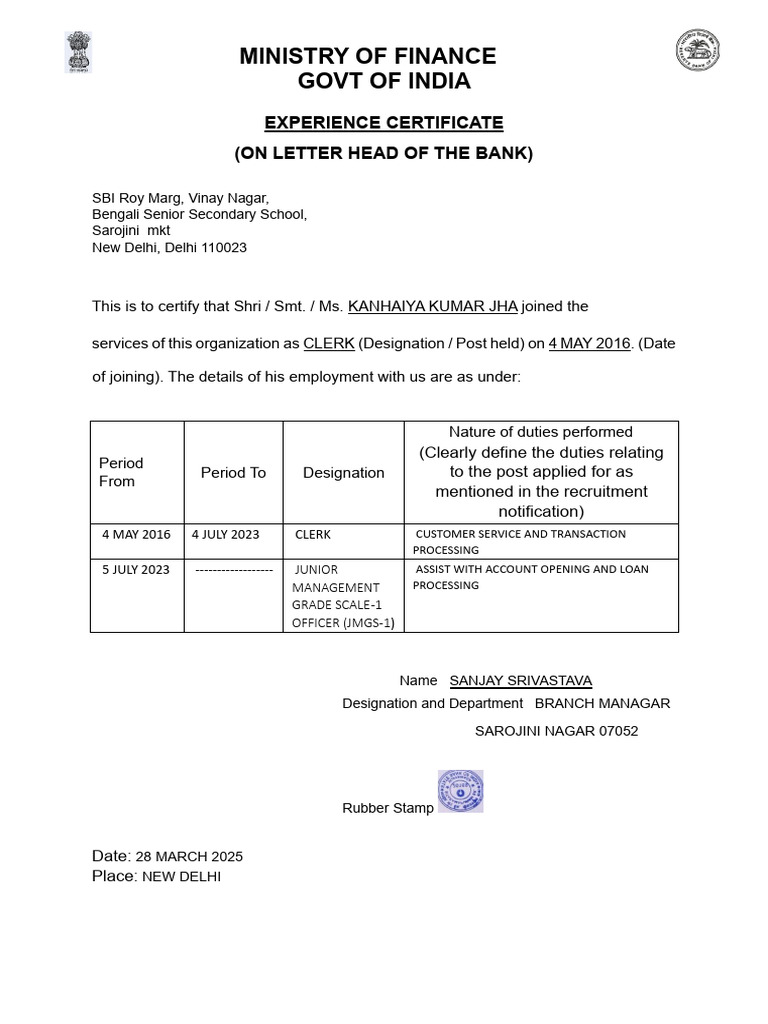 SBI CBO Experience Certificate Format | PDF