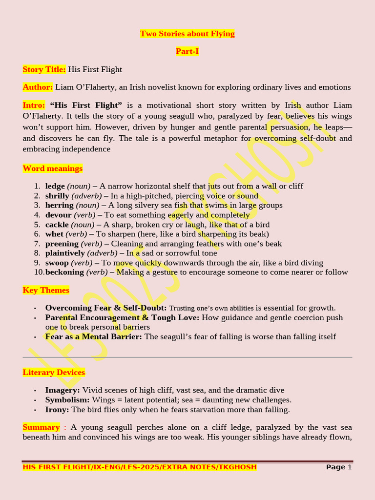 Liam O'Flaherty's "His First Flight" Summary | PDF