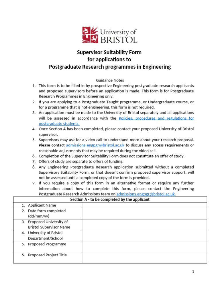 Supervisor Suitability Form for Applicants | PDF | Postgraduate Education
