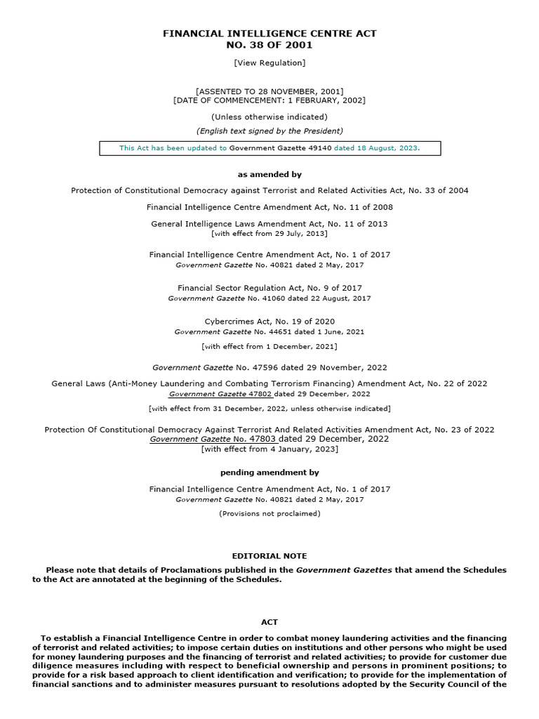 Financial Intelligence Centre Act 38 of 2001 | PDF | Negotiable ...