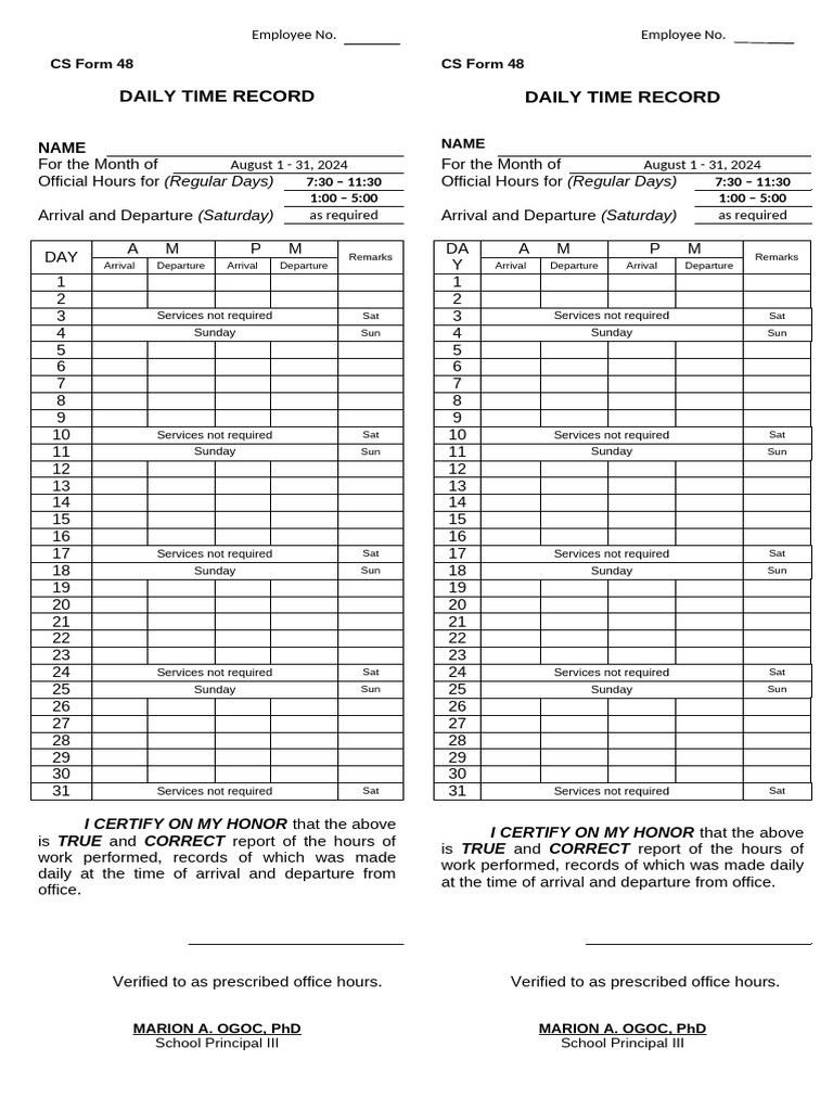 Template - CS Form 48 - Teachers' DTR | PDF