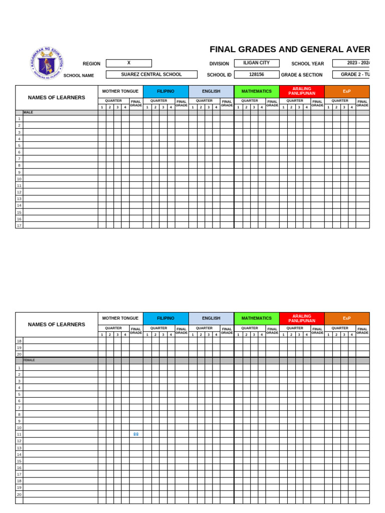 Blank Grading Sheet Grade 2 | PDF