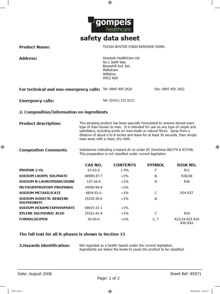 Gompels Tough Buster Safety Data Sheet | PDF | Materials