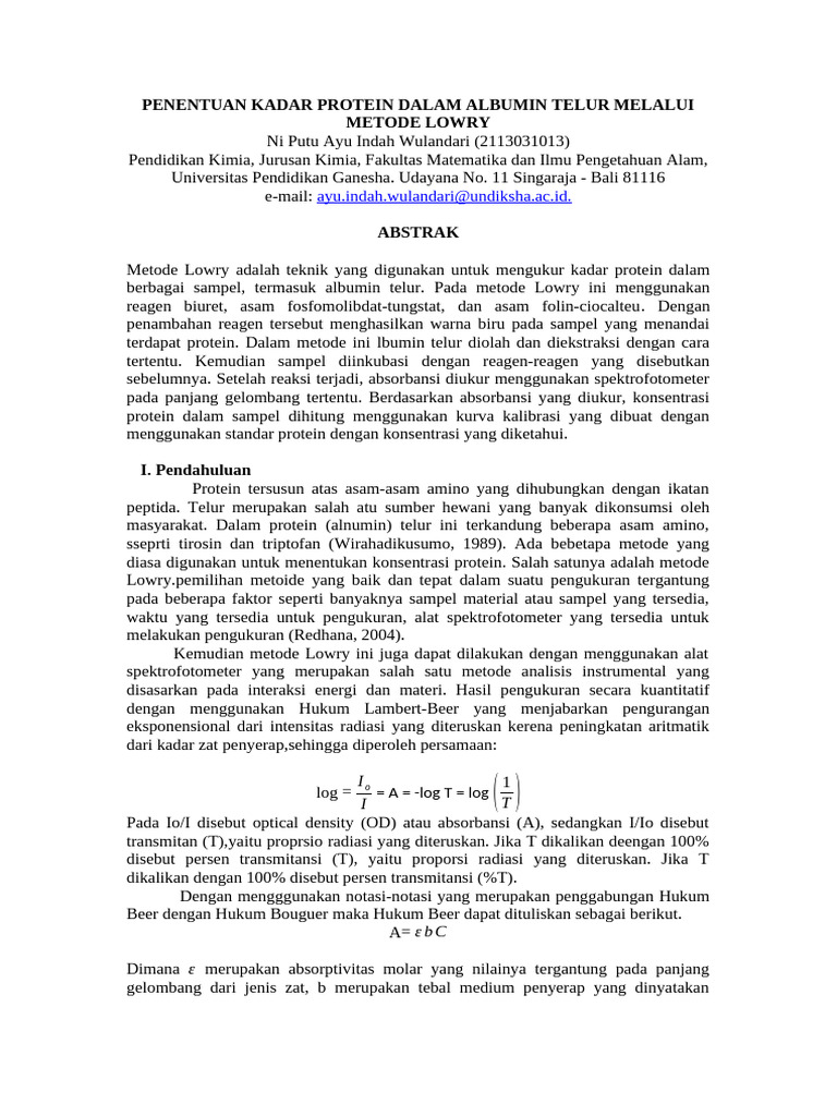 Kadar Protein Albumin Telur Metode Lowry | PDF