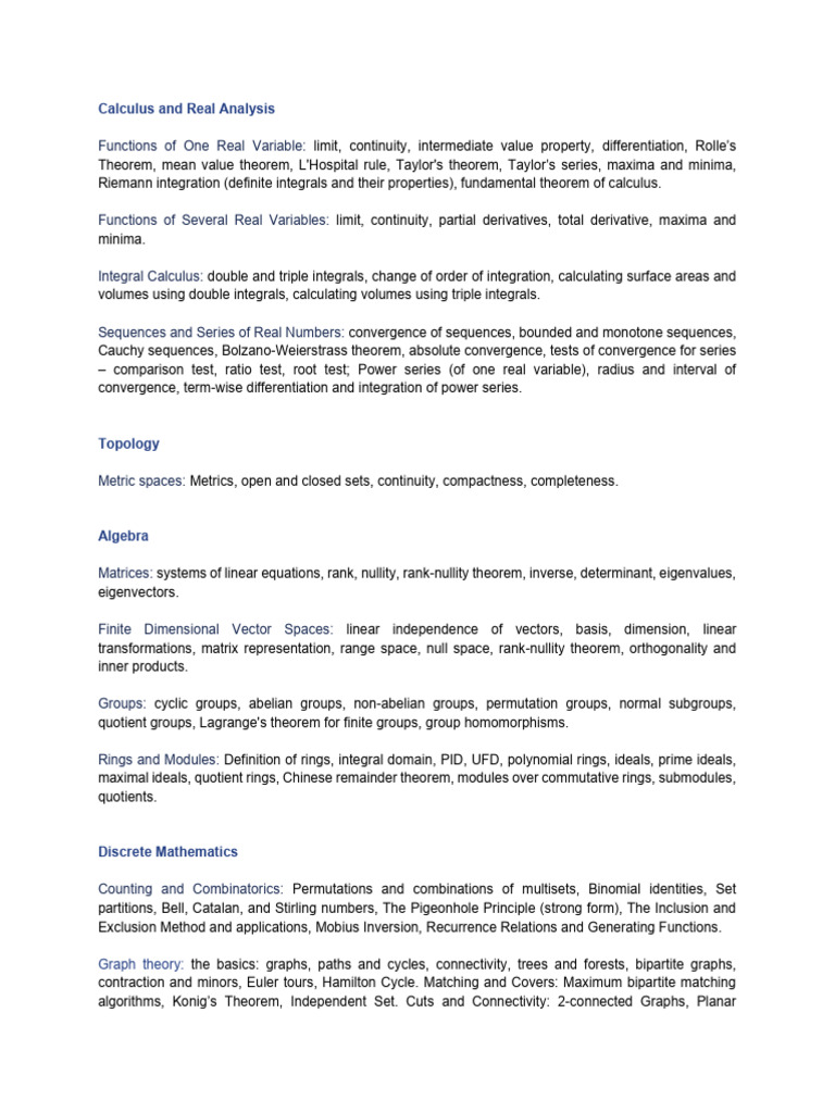 IISER Pune MSc Mathematics Syllabus 2025 | PDF | Ring (Mathematics ...