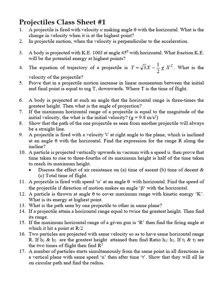 Projectiles Class Sheet | PDF | Projectiles | Velocity