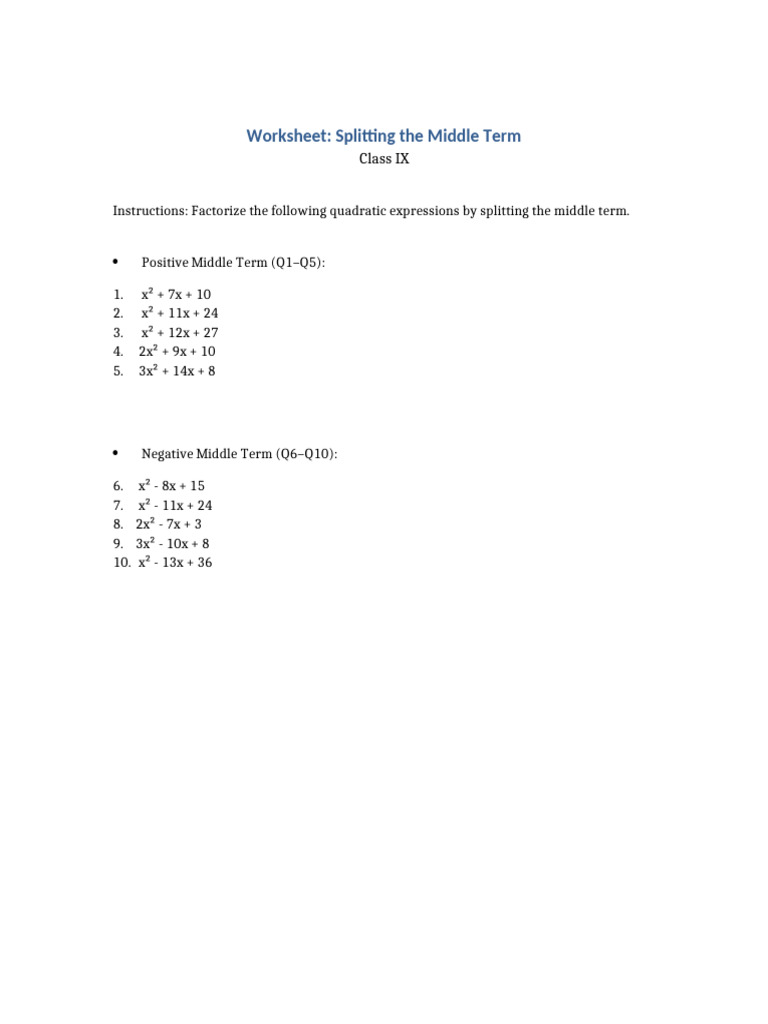 Class 9 Worksheet: Middle Term Factorization | PDF