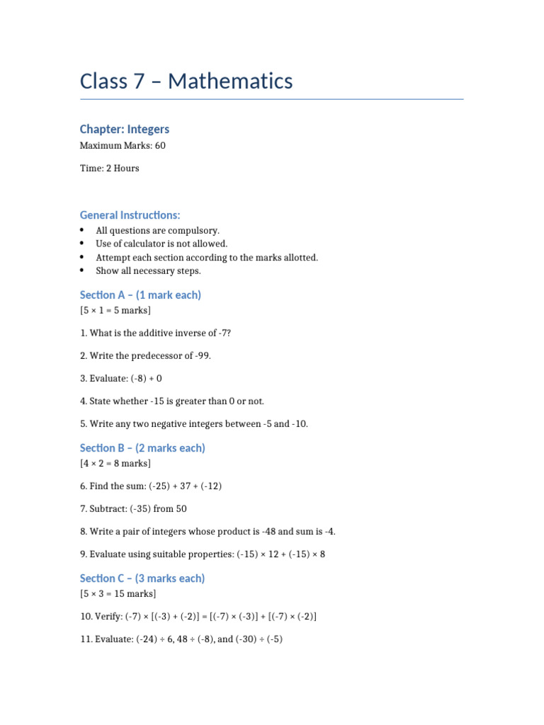 Class 7 Math Integers Test Paper | PDF