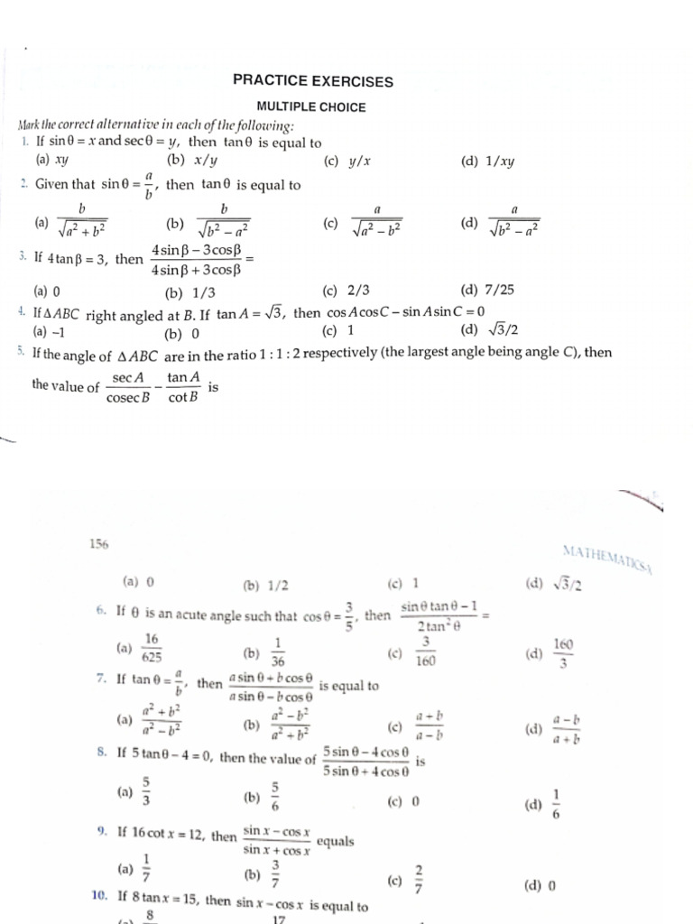 Trigonometric Ratios (Class 10) | PDF