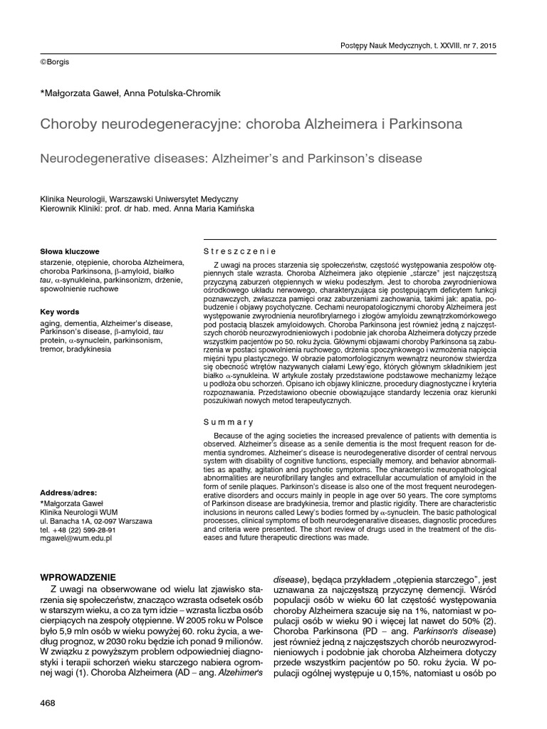 Choroby Neurodegeneracyjne - Choroba Alzheimera I Parkinsona | PDF