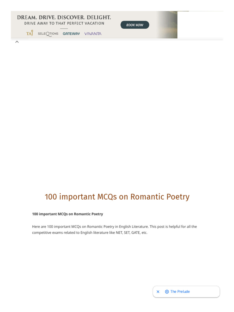 100 Important MCQs On Romantic Poetry - Literary Sphere | PDF | William Wordsworth | John Keats