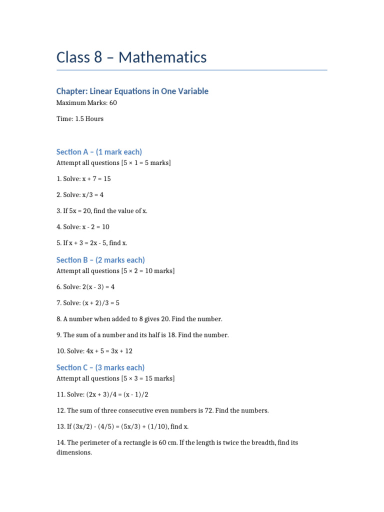 Class 8 Linear Equations Test Paper | PDF