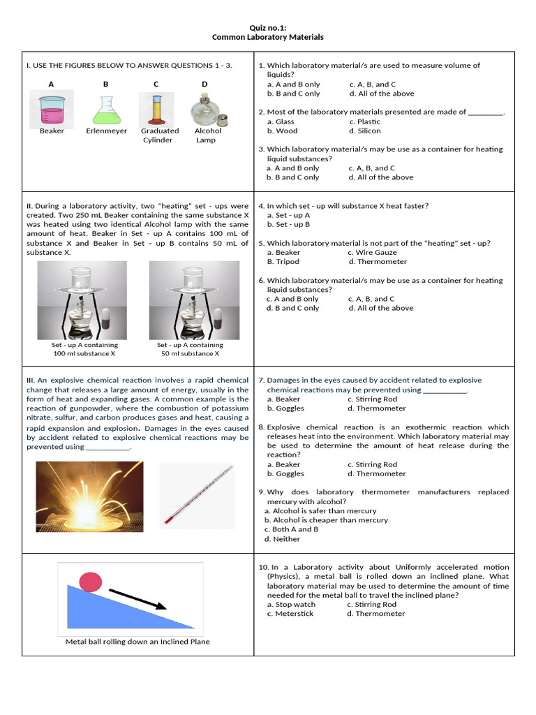 Laboratory Materials Quiz and Applications | PDF | Chemical Reactions ...