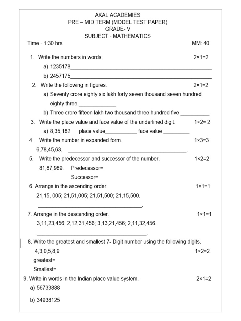 Grade 5 Mathematics Model Test Paper | PDF