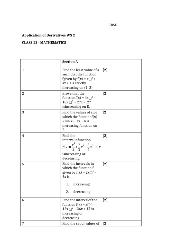 Application of Derivatives WS 2 word (Increasing and Decreasing Function ) | PDF | Function ...