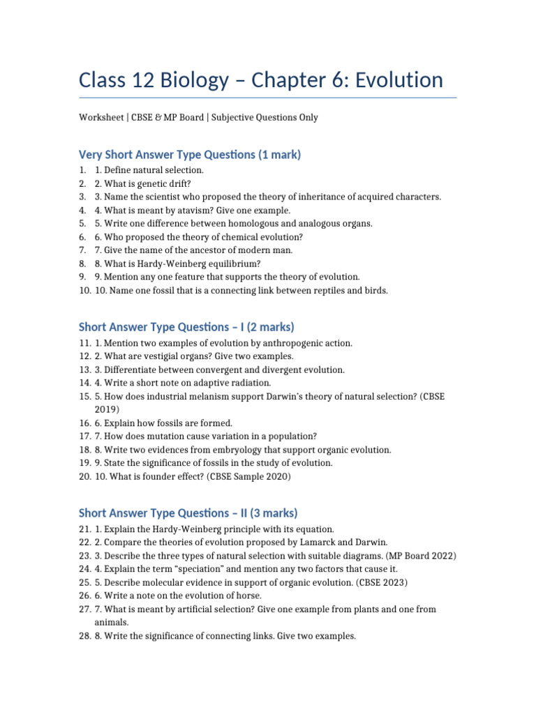 Class 12 Biology Chapter 6 Evolution Worksheet | PDF | Evolution ...