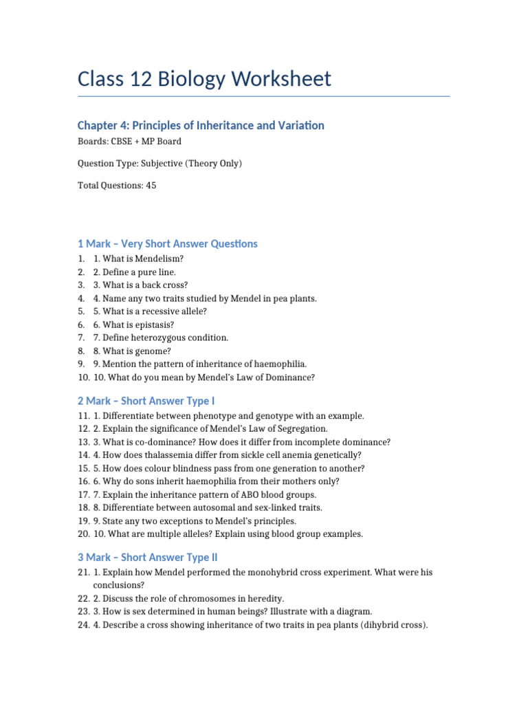 Class12 Biology Ch4 Inheritance Worksheet | PDF | Dominance (Genetics ...