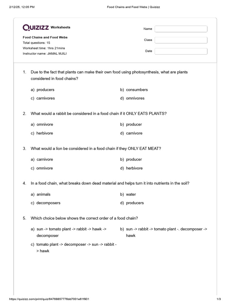 Food Chains and Food Webs - Quizizz 1 | PDF | Foods | Ecosystem