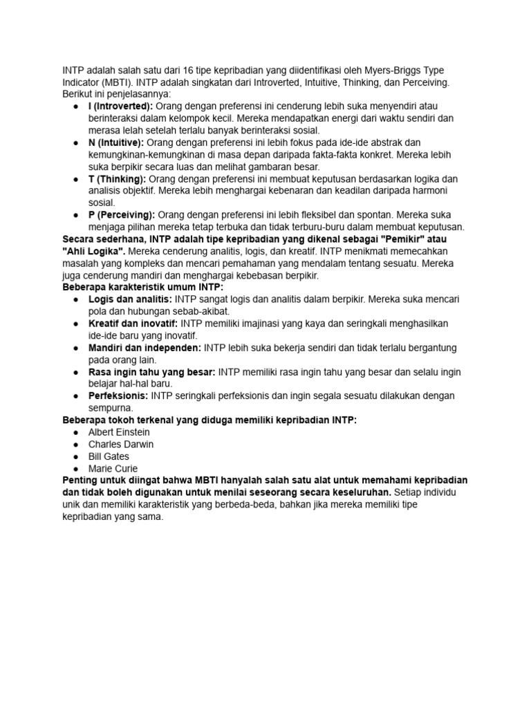 Karakteristik Tipe Kepribadian INTP | PDF