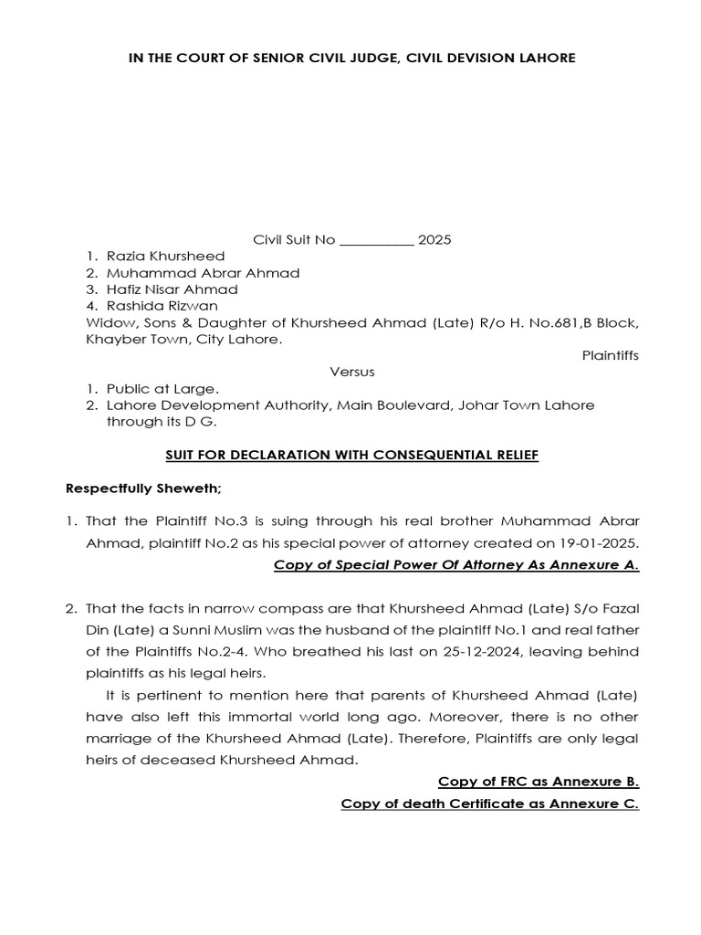 Model Suit For Declaration | PDF | Lawsuit | Common Law