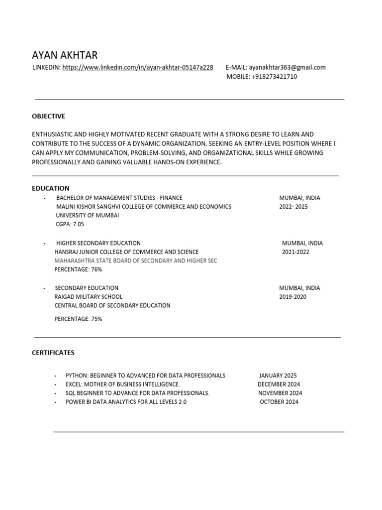 CV Ayan Akhtar | PDF