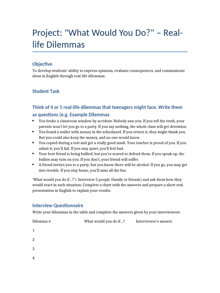 Real-Life Dilemmas Project - 1st Year English | PDF