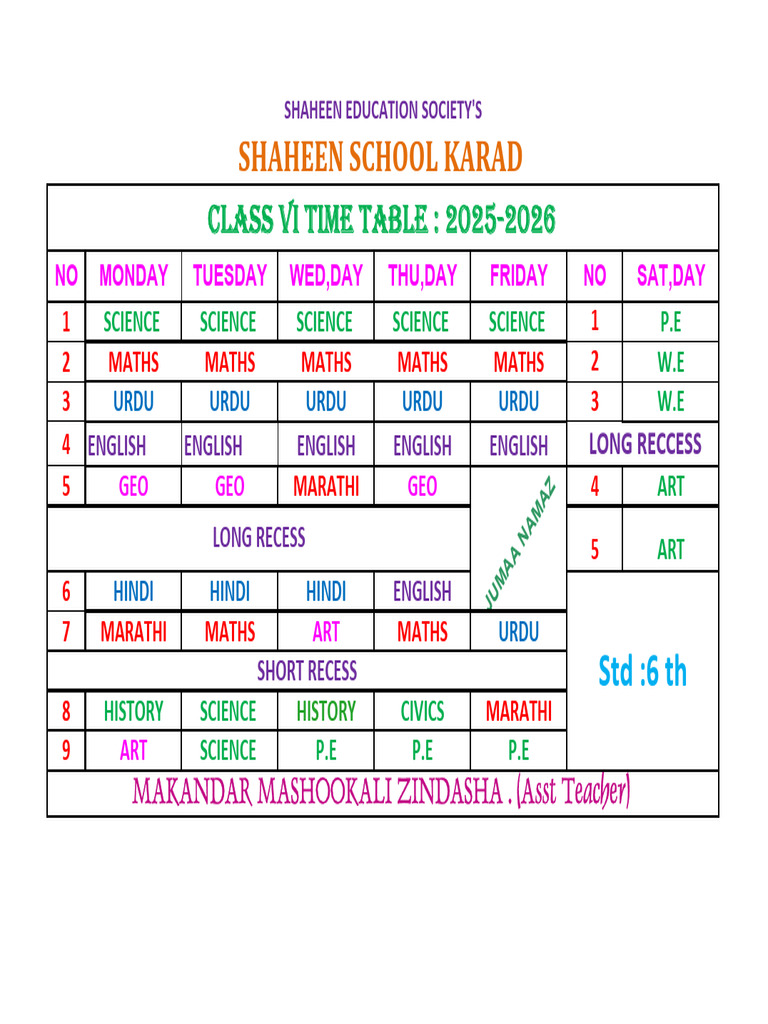 Class 6 Time Table 2025-2026 | PDF