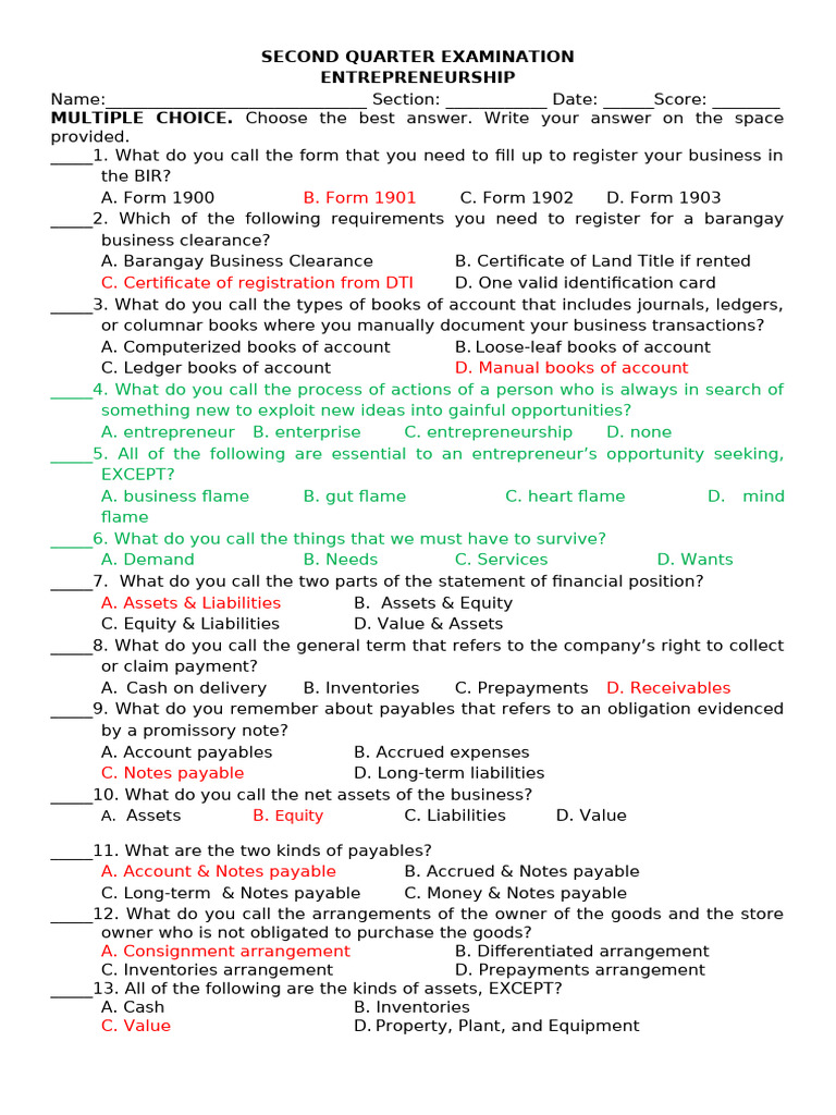 Second Quarter Exam Entrep | PDF | Balance Sheet | Income Statement