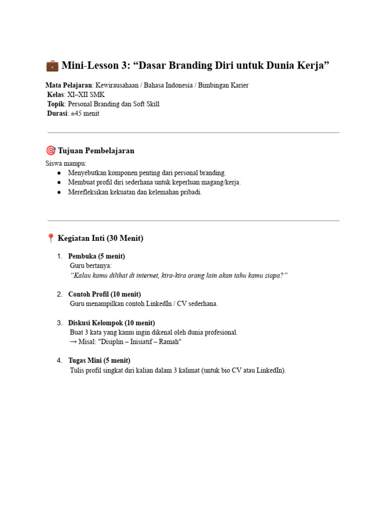 ? Mini-Lesson 3 - "Dasar Branding Diri Untuk Dunia Kerja" | PDF