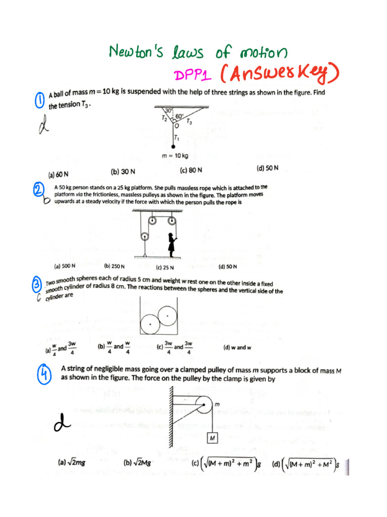 HBCSE Newton's Laws of Motion DPP 1 Answer Key | PDF