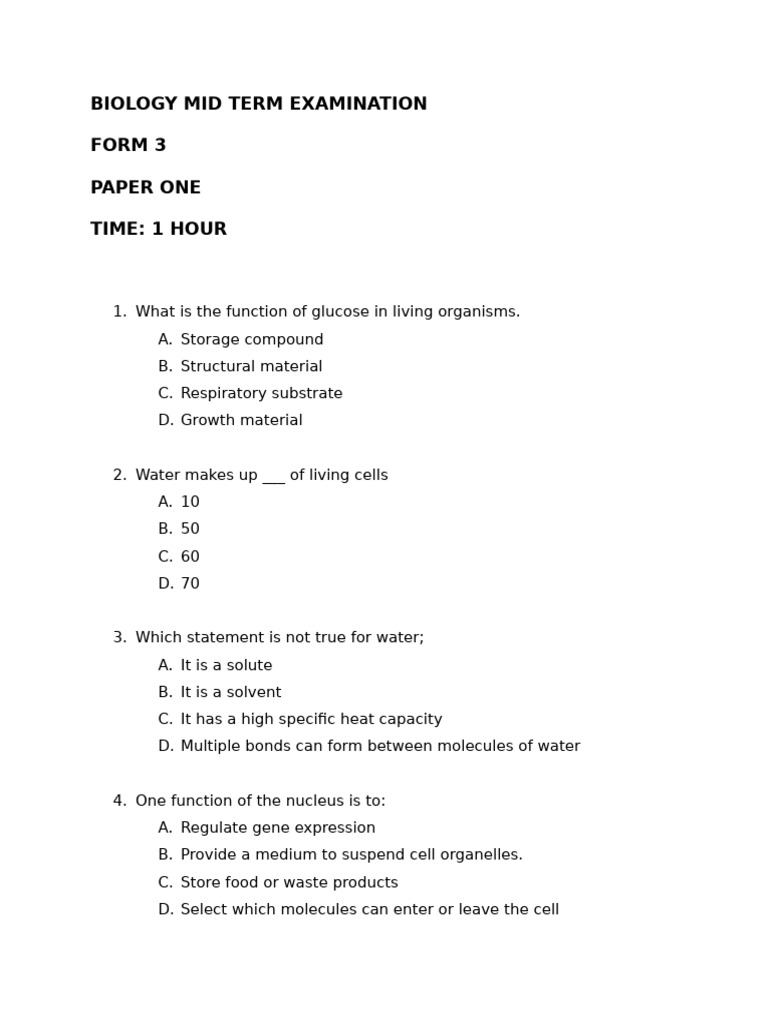 Biology Midterm Exam Paper 2025 | PDF | Cell (Biology) | Glucose