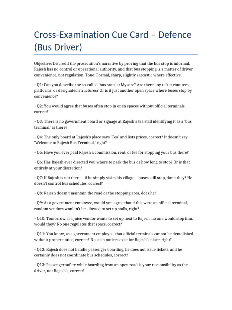 Defence Cross-Examination Cue Card | PDF