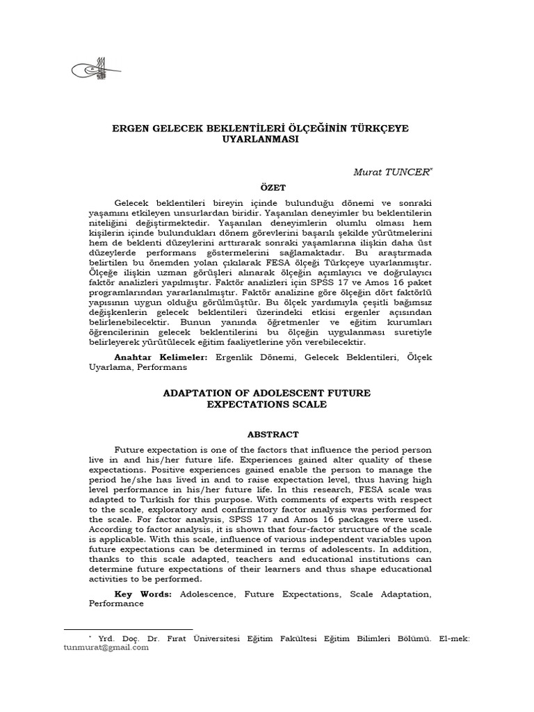 Arastirmax Ergen Gelecek Beklentileri Olceginin Turkceye Uyarlanmasi | PDF