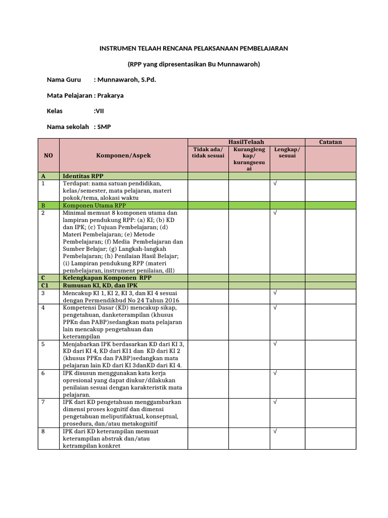Contoh Pengisian Instrumen RPP | PDF