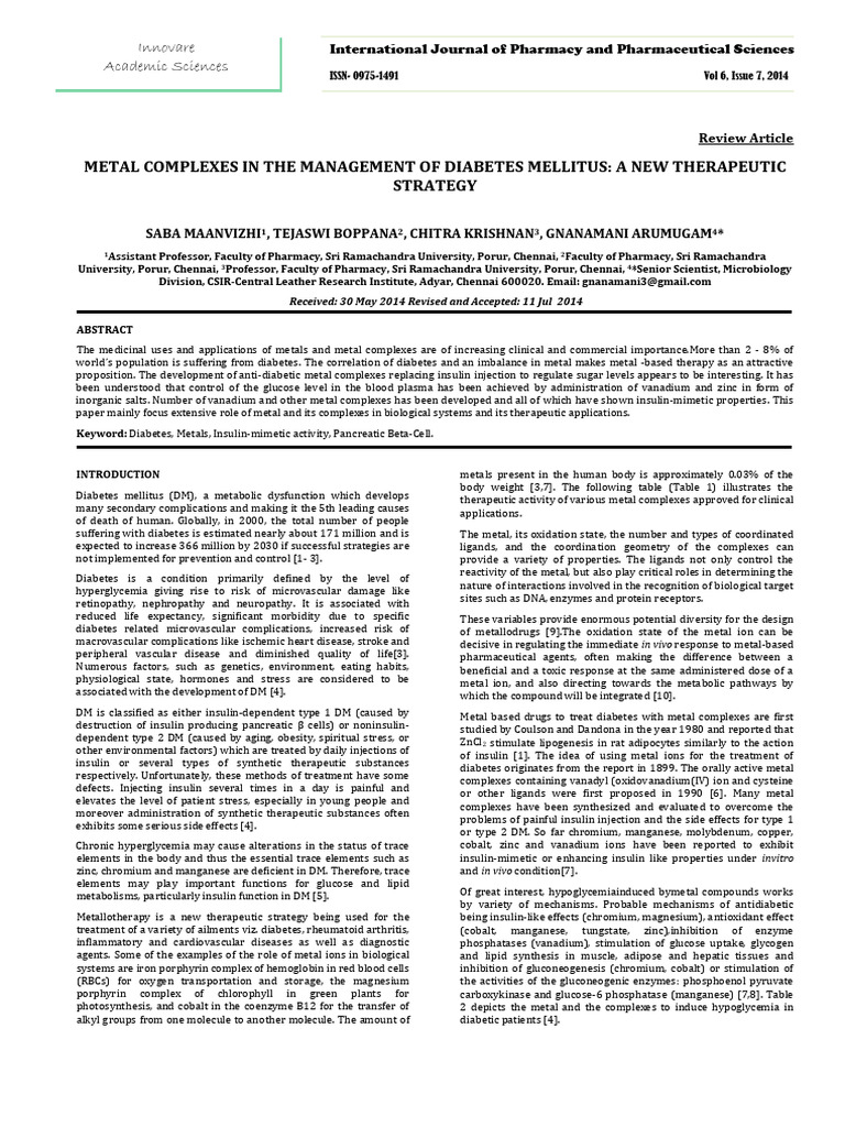 Metal Complexes for Diabetes Management | PDF | Chromium | Insulin