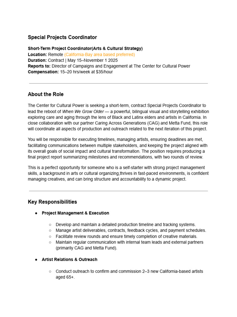 Special Projects Coordinator Role in Arts | PDF | Project Management ...