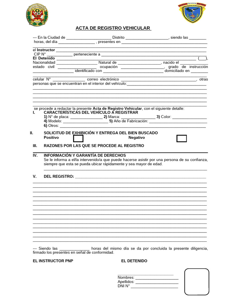 Acta de Registro Vehicular | PDF