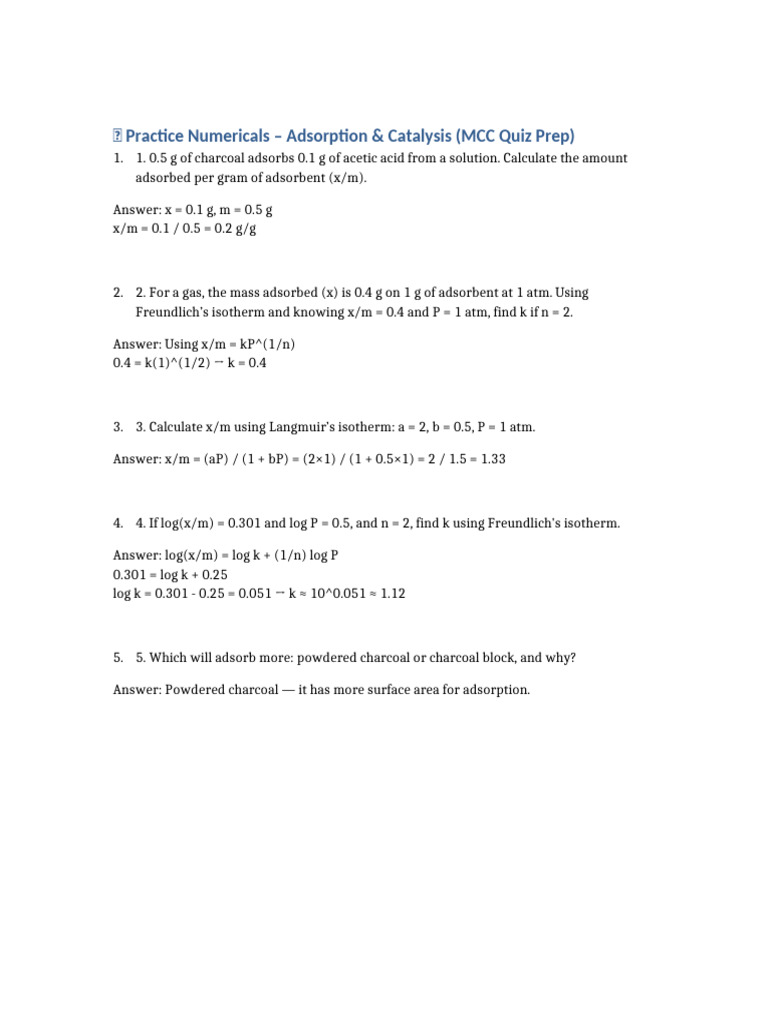 Adsorption Catalysis Practice Quiz MCC | PDF