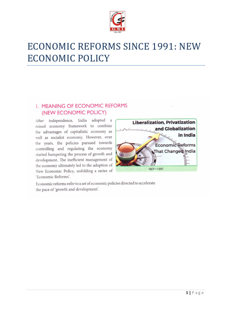 Eco Reforms Since 1991 Notes 1 | PDF