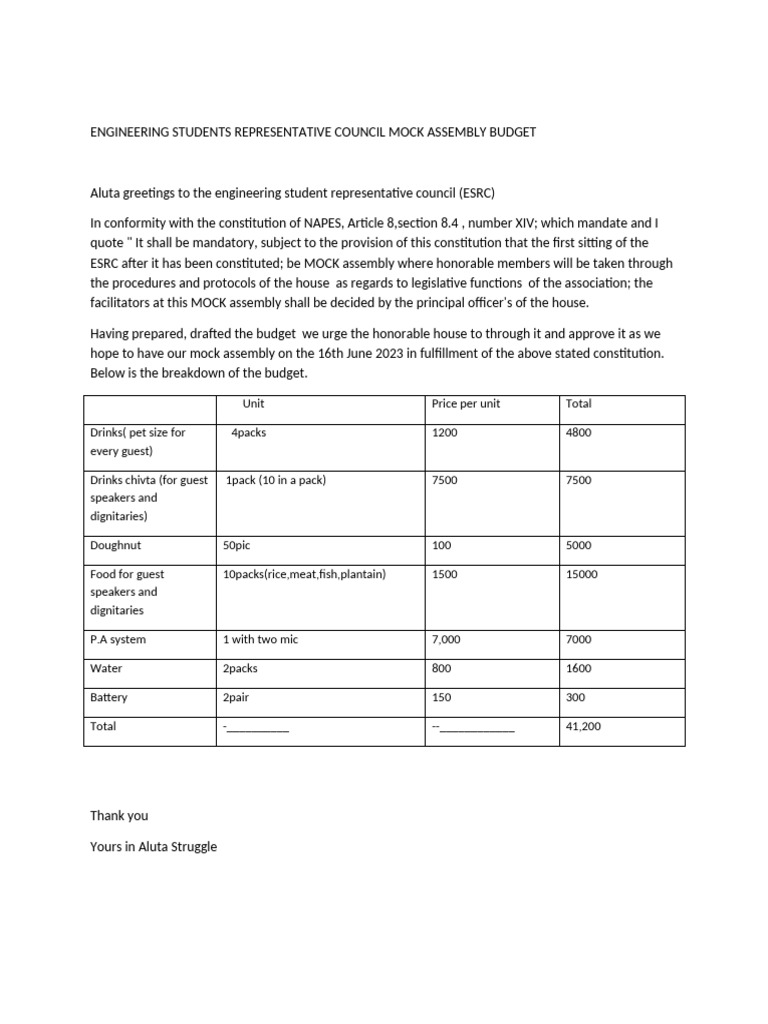 Mock Assembly Budget | PDF