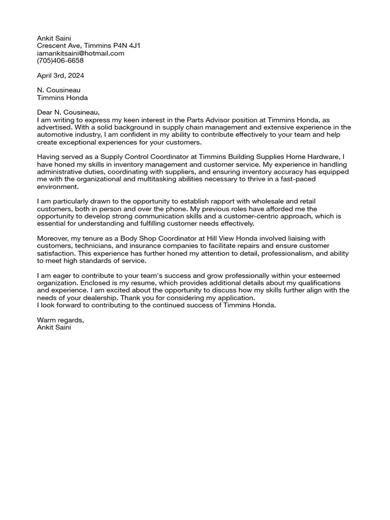 Cover Letter Timmins Honda | PDF