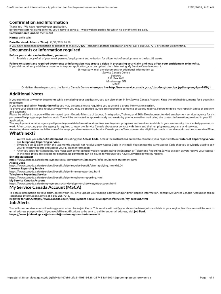 Ontario Employment Insurance Application Confirmation | PDF ...