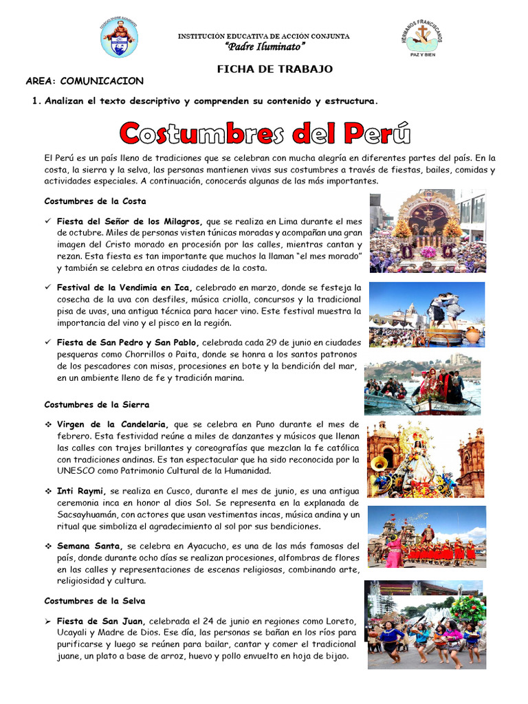 Ficha de Trabajo Del 30 Al 4 de Julio | PDF | Carnaval | Perú