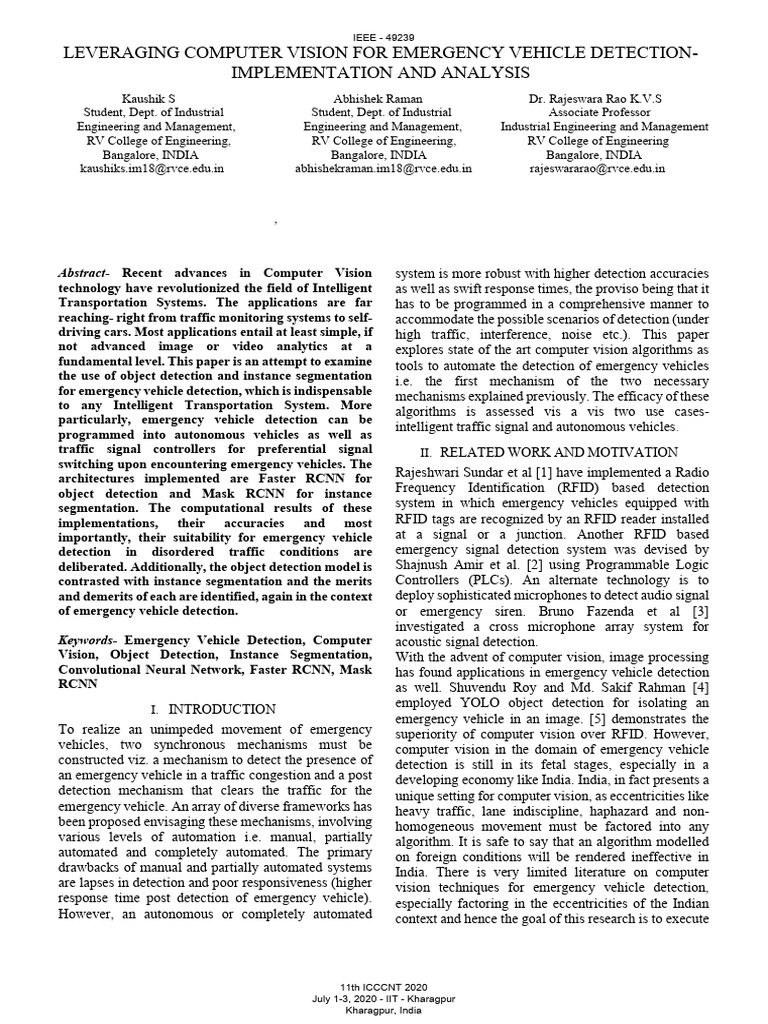 Leveraging Computer Vision For Emergency Vehicle Detection-Implementation and Analysis | PDF ...