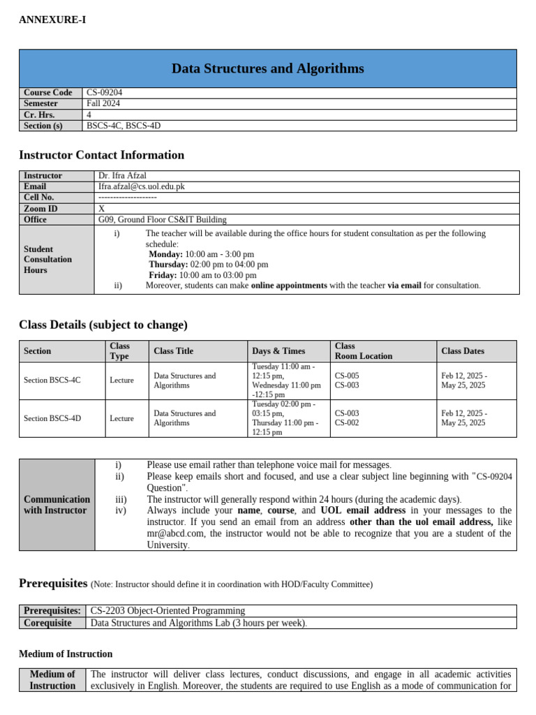 DSA 4C4D CourseContentsSchedule Annexure I | PDF | Academic Dishonesty | Computational ...
