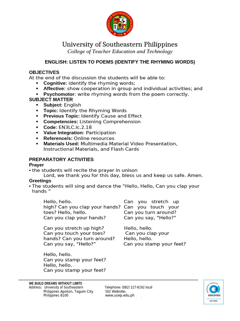 Identify Rhyming Words Lesson Plan | PDF | Cognitive Science | Learning